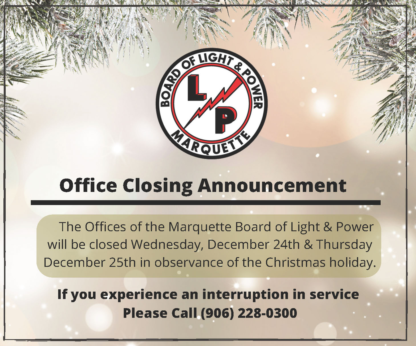 Office Closing - Dec. 24th & Dec. 25th 2025 - Marquette Board of Light ...