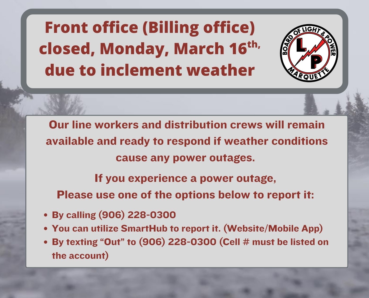 Billing office closed - Monday, March 16th, 2026 - Marquette Board of ...